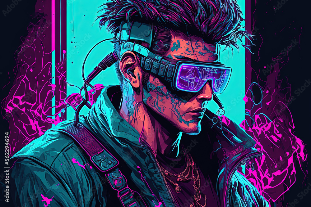 An Image Of A Man Dressed In Cyberpunk Attire Including Neon Virtual