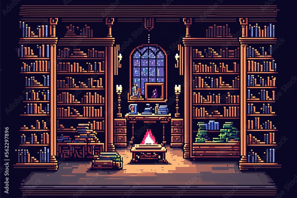 Pixel art old library, book library, background in retro style for bit ...