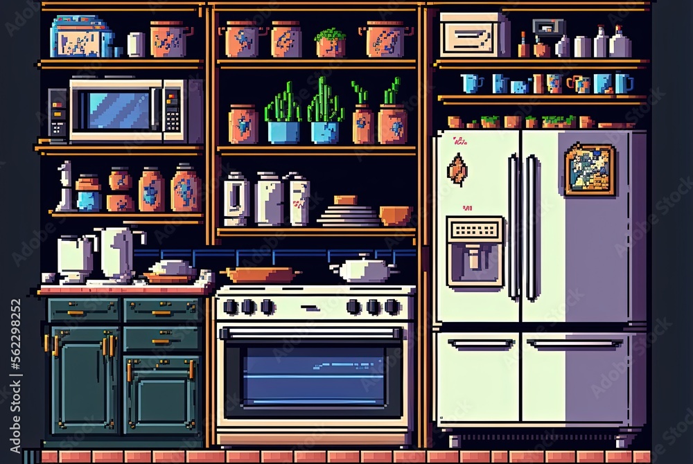 Pixel art retro kitchen view, old kitchen, background in retro style ...