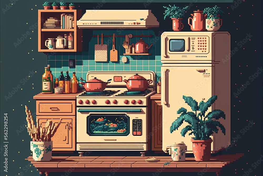 Pixel art retro kitchen view, old kitchen, background in retro style ...