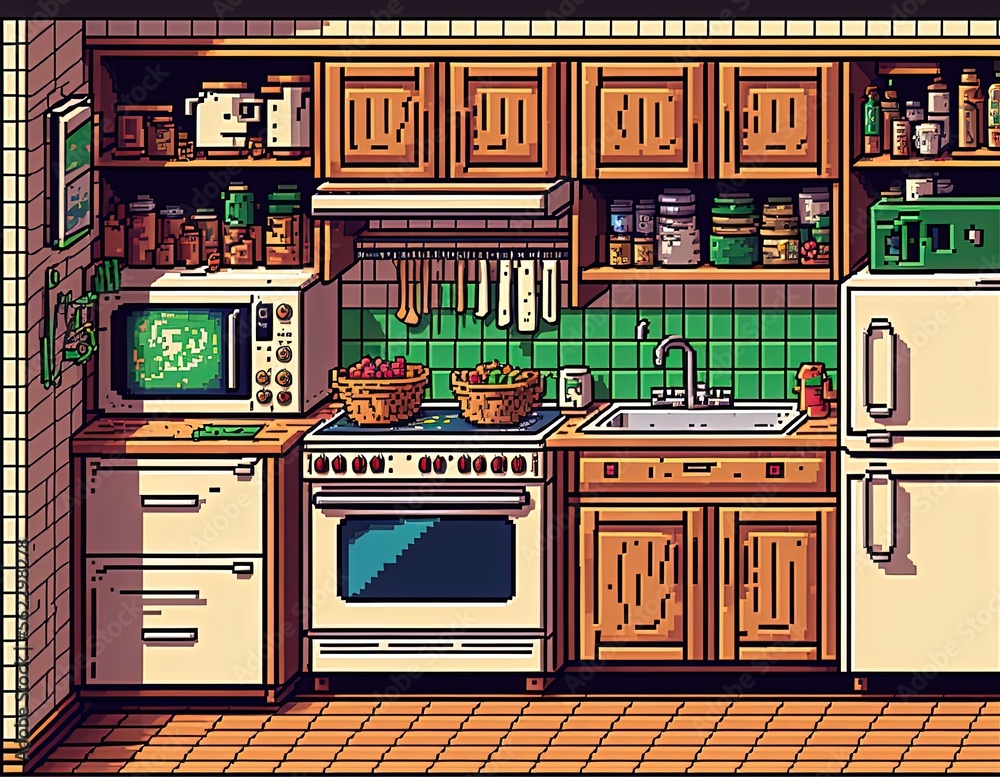 Pixel art retro kitchen view, old kitchen, background in retro style ...