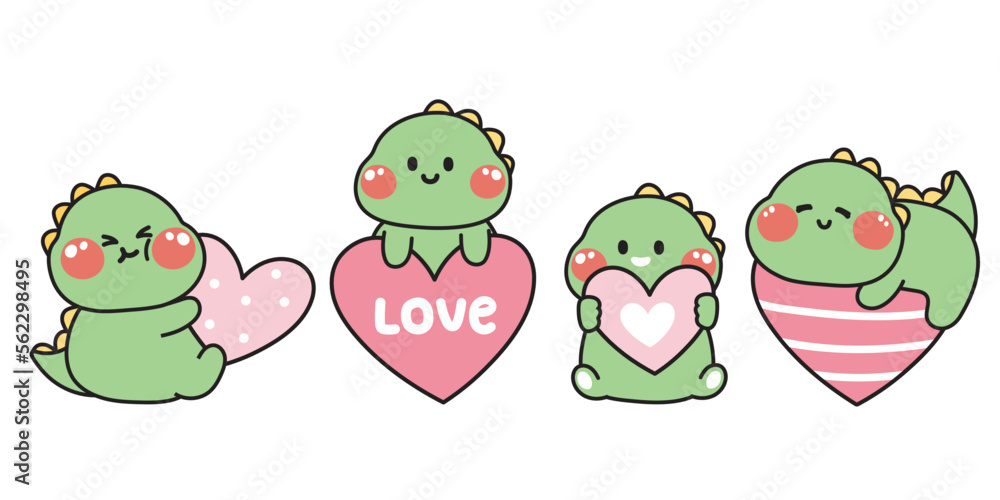 Valentines day.Set of cute dinosaur hold heart balloon on white ...