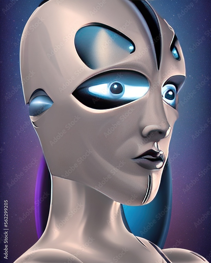 Head and face of a sci-fi humanoid female figure with large glowing ...