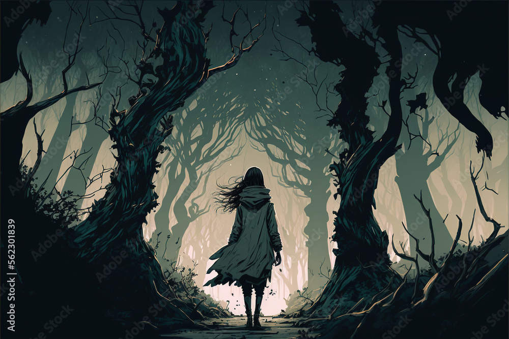 woman walks on dystopia world in the forest, digital art style ...
