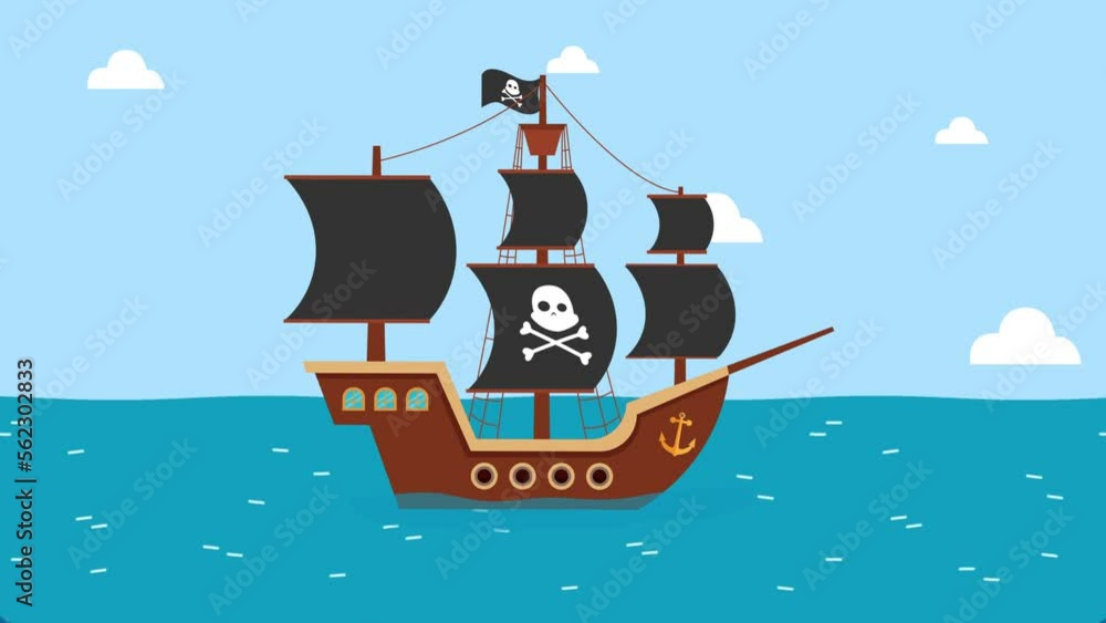 Wooden pirate ship sailing at sea 2d animation Stock Video | Adobe Stock