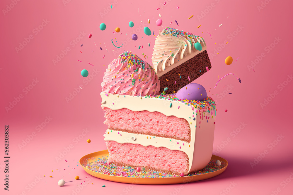 Pink background with sprinkles and a colorful birthday cake. Generative ...
