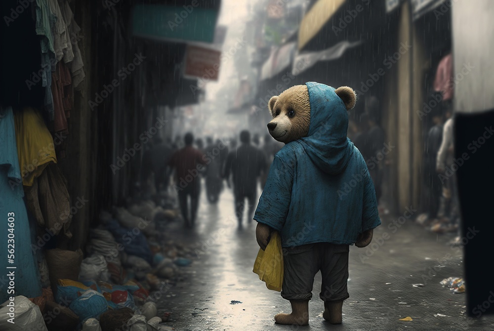 Homeless and hopeless teddy bear in dirty city slums alone in the rain ...