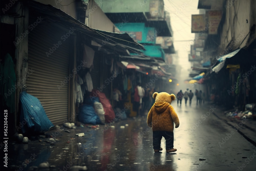 Homeless and hopeless teddy bear in dirty city slums alone in the rain ...