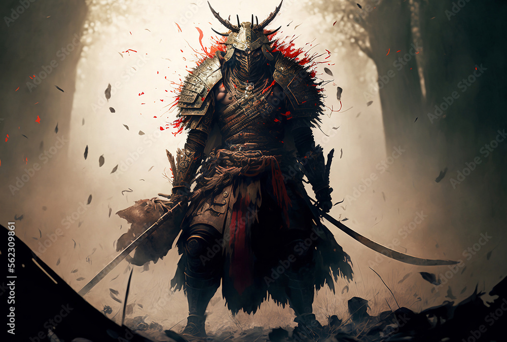 Samurai Warrior in Full Armor Surrounded by Enemies Stock Illustration ...