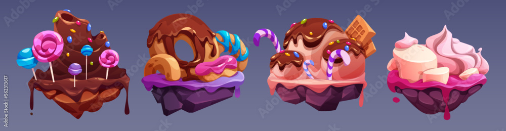 Flying islands of sweet land with candies, chocolate volcano, cake, ice ...