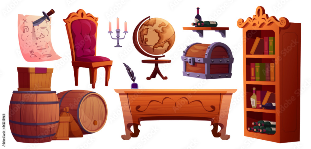 Cartoon set of pirate cabin furniture isolated on white background ...