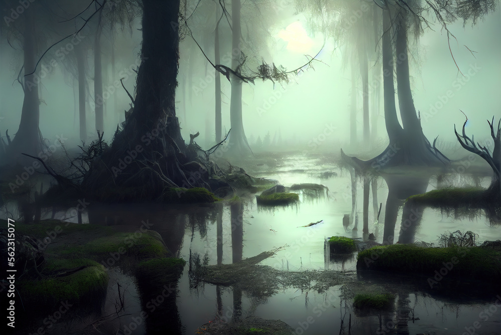 Mystical swamp in an ominous fog. Fantasy background. Generative AI ...