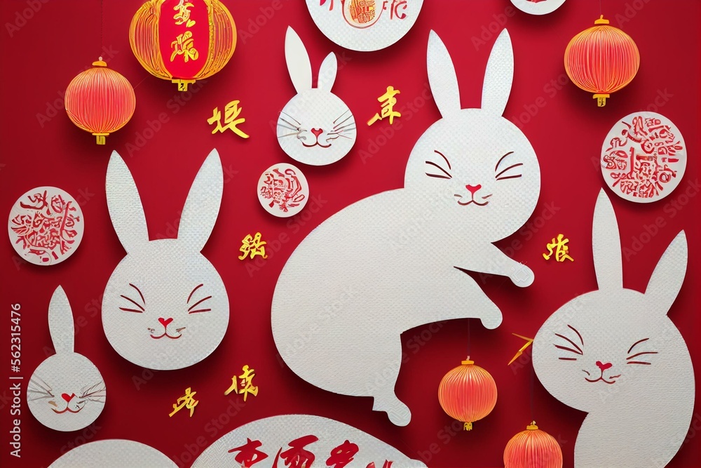 Set of cute rabbits. Chinese lunar new year collection. Traditional ...