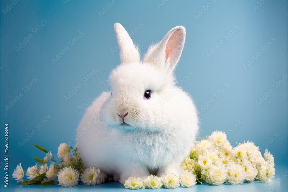 Cute baby bunny with flowers on blue background. Cute fluffy rabbit ...