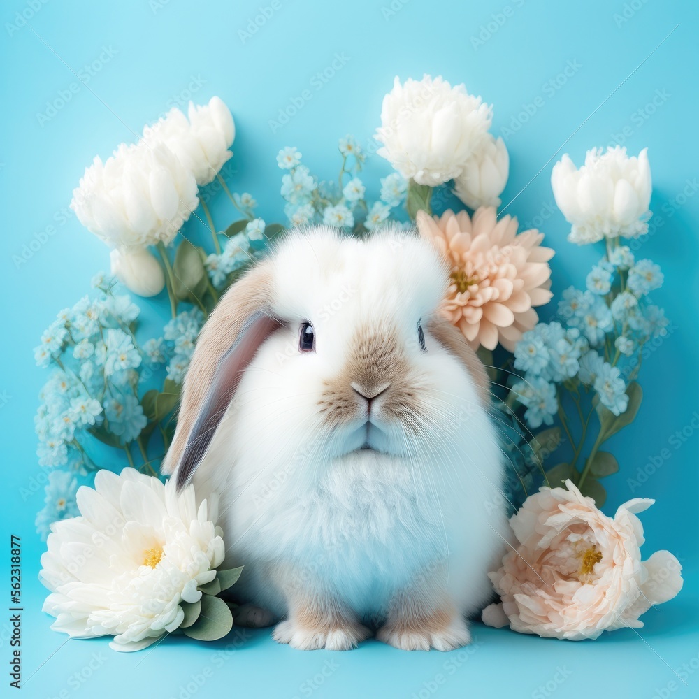 Cute baby bunny with flowers on blue background. Cute fluffy rabbit ...