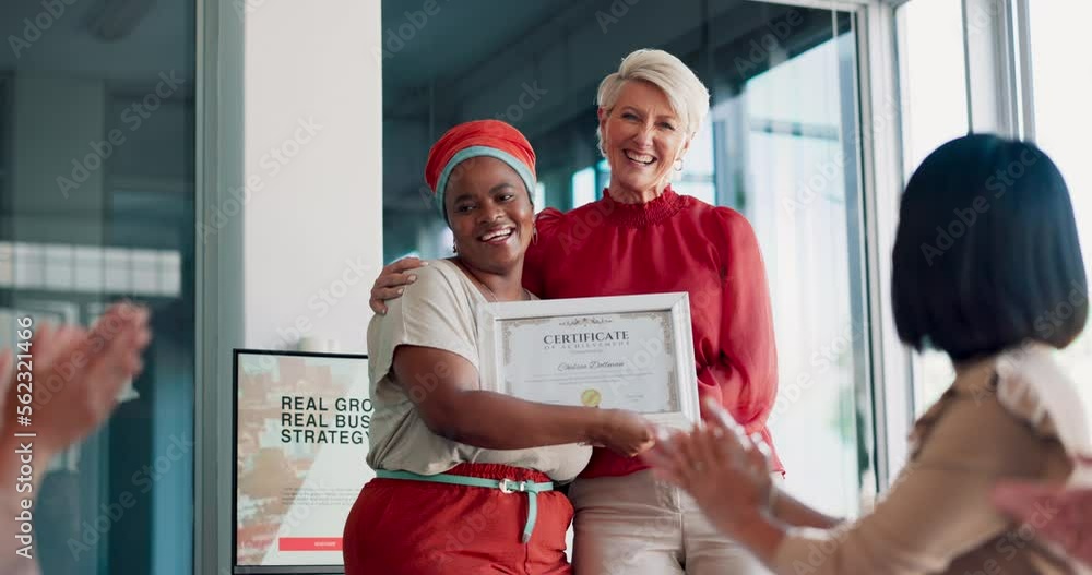 Applause, certificate and handshake with business woman in meeting for ...