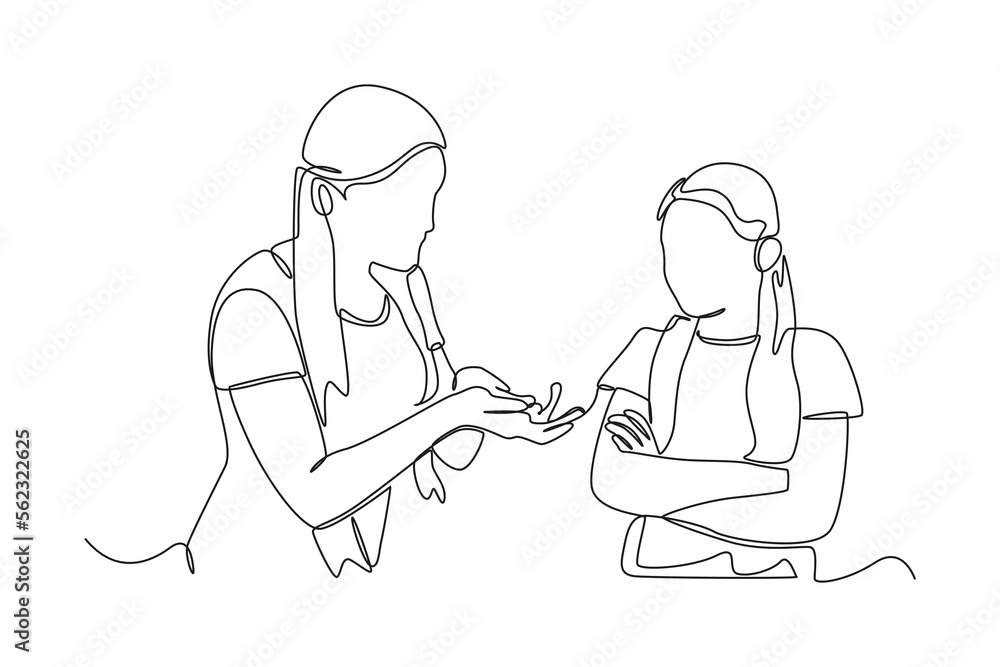 Continuous one line drawing a mother gives advice to her daughter ...