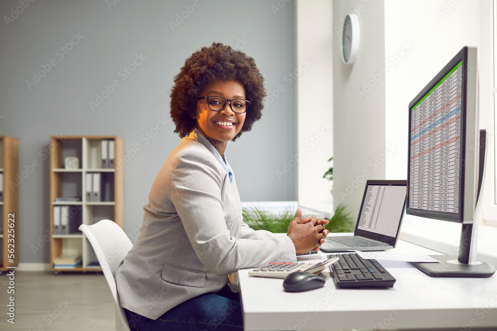 Side view portrait of a happy smiling african american business woman ...