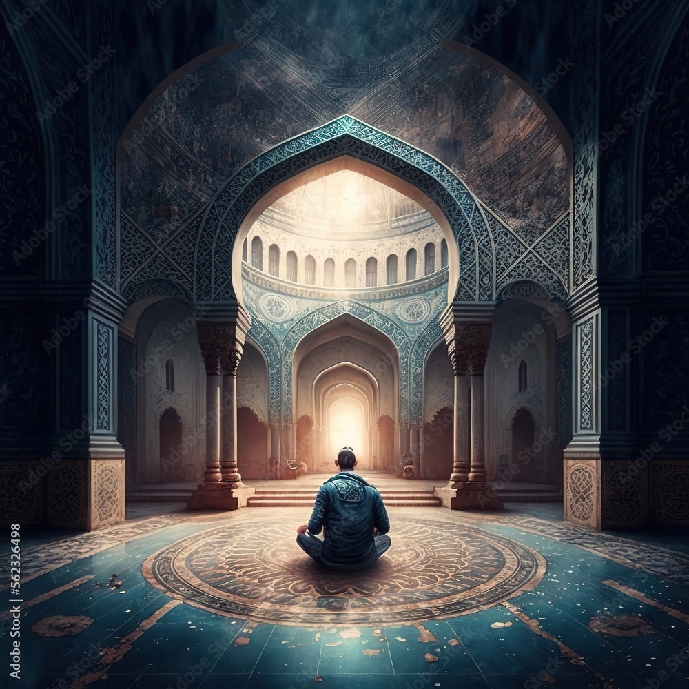 A man praying inside a beautifully structured mosque, a beautiful scene ...