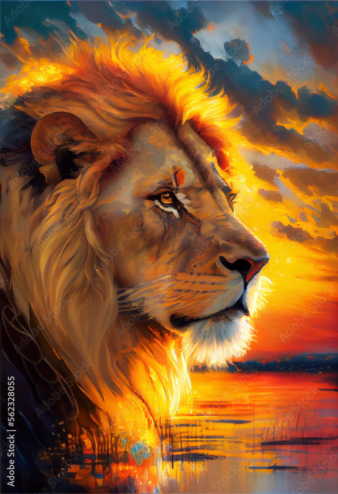 Generative Ai, Art painting style of a lion in the sunset Stock ...