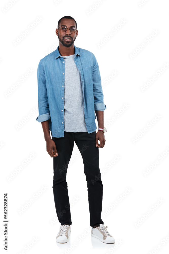 Young black man, full body portrait and standing ready isolated in ...