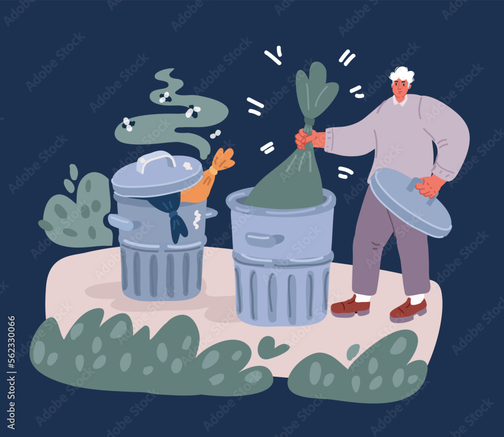 Vector cartoon illustration of man throws a garbage in the trash. Stock ...
