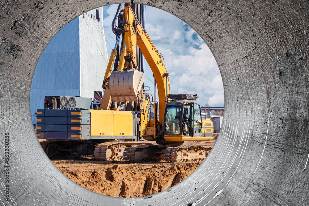 Powerful hydraulic drilling rig at a construction site. The device of ...