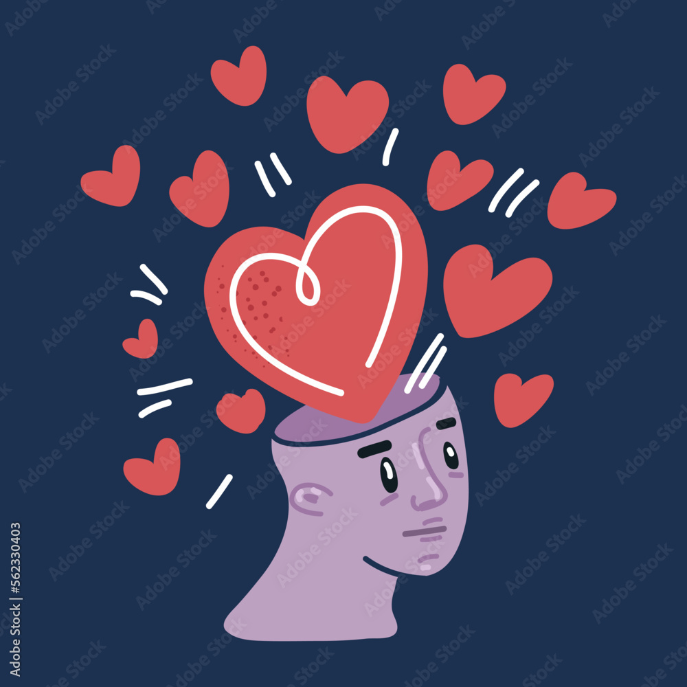 Vector cartoon illustration of heart shaped brain inside human head ...