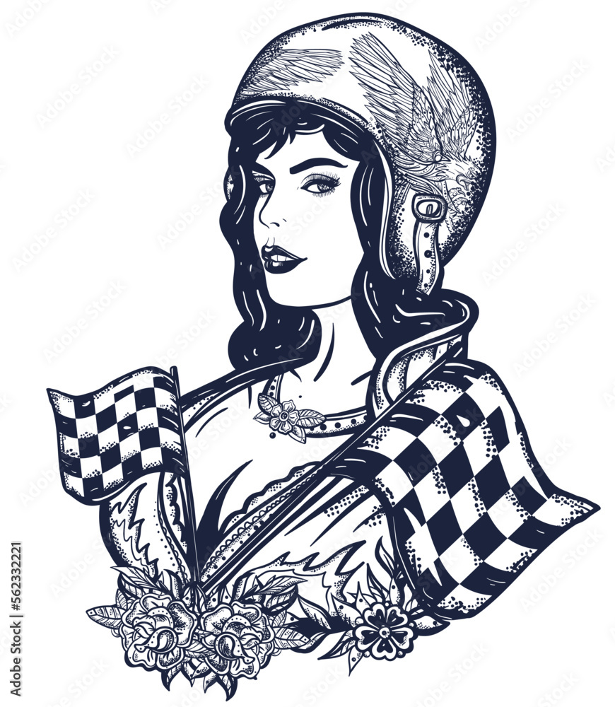 Biker girl. Pin up moto sport woman. Lifestyle of racers. Old school ...