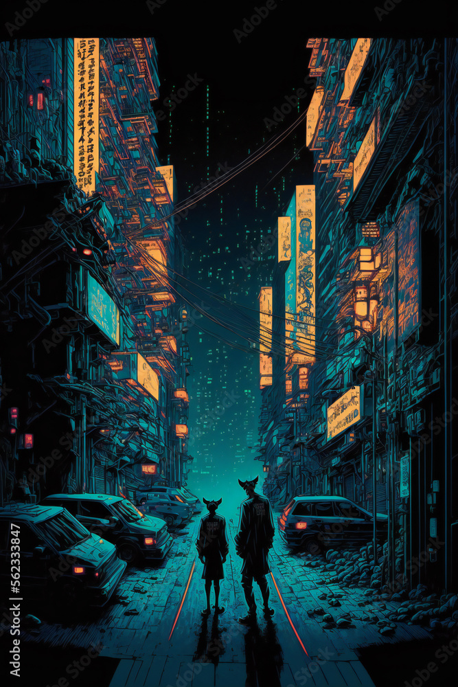 Stunning highly detailed dystopian cyberpunk illustration of futuristic ...