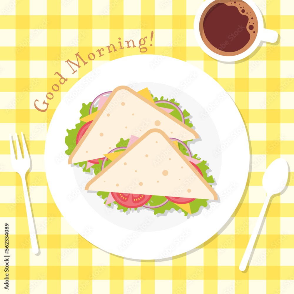 vector background with triangle sandwich, coffee on a table for banners ...