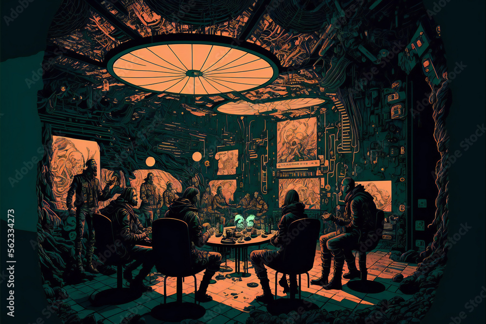 highly detailed graphic illustration of a moody urban cyberpunk ...