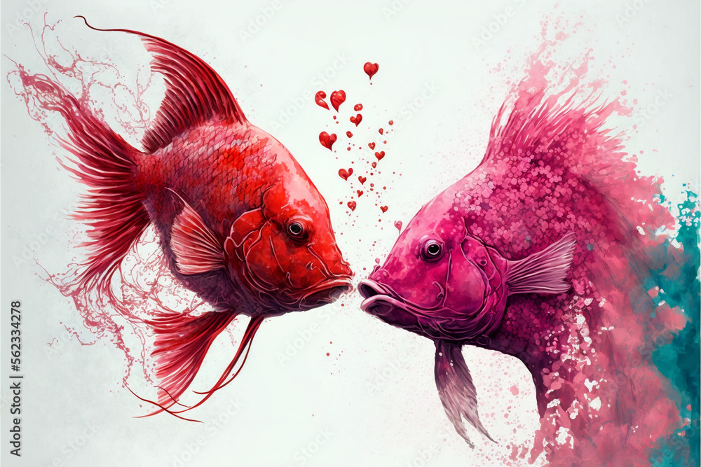 Two fishes are kissing. Beautiful watercolor effect. Valentine's Day ...