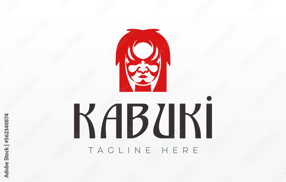 Japanese Kabuki Mask Logo Design. Red Kabuki Mask Vector Illustration ...