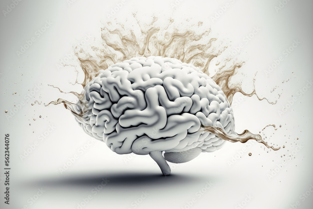 Creative minimal scene with a human brain and water splash. Artificial ...