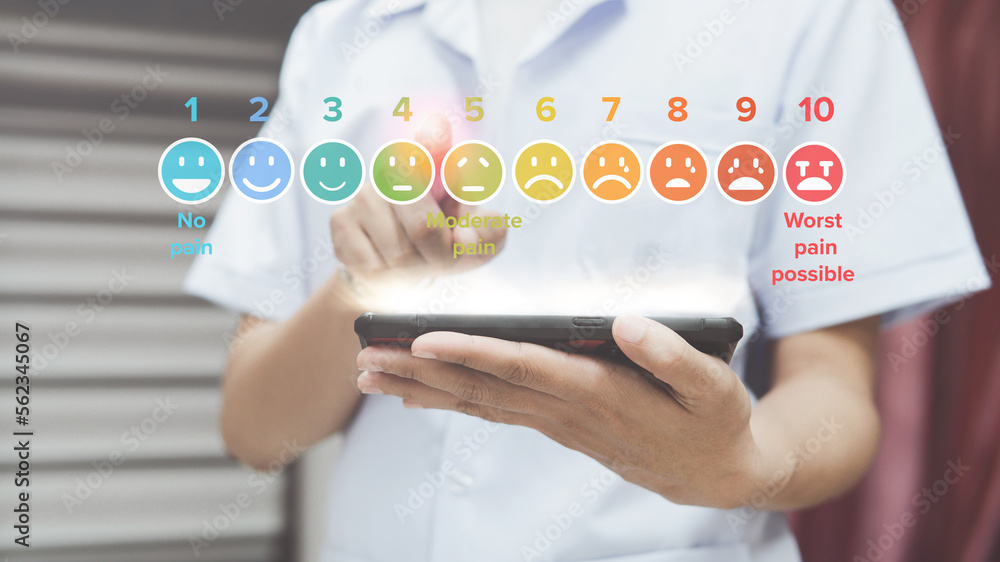 Doctor touching of pain measurement scale colorful icon virtual screen ...