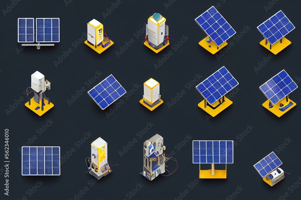 Isometric electricity icons set with solar panels, power stations, high ...