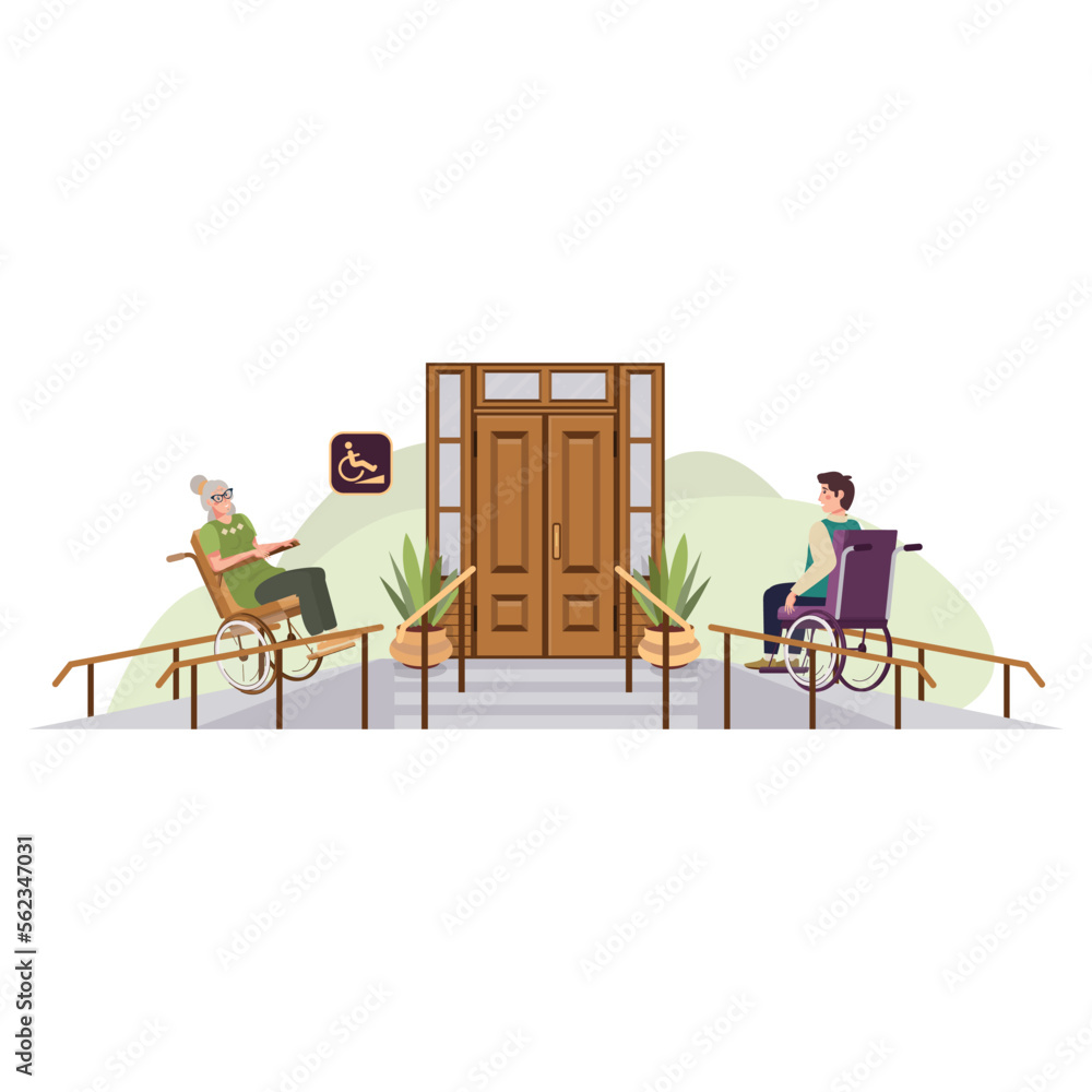 Disabled people in wheelchairs climb up the ramp to the entrance door ...