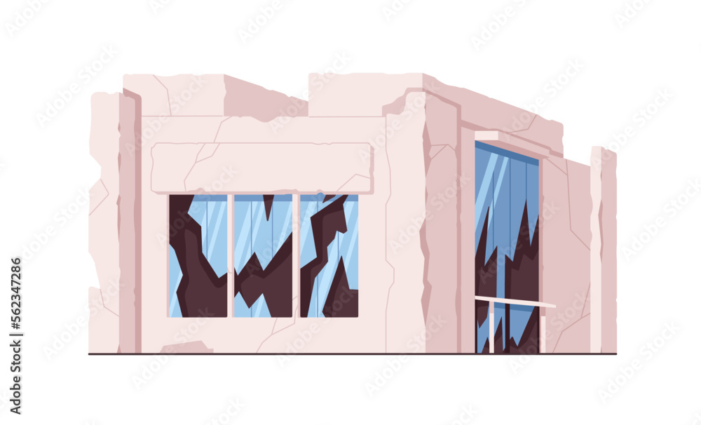 Broken damaged building with destroyed cracked walls, smashed wrecked ...