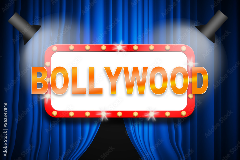 Bollywood banner with curtain illuminated by spotlights Stock ...