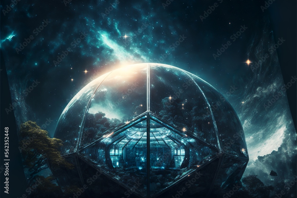 Spherical shaped futuristic botanical garden sphere in space with glass ...