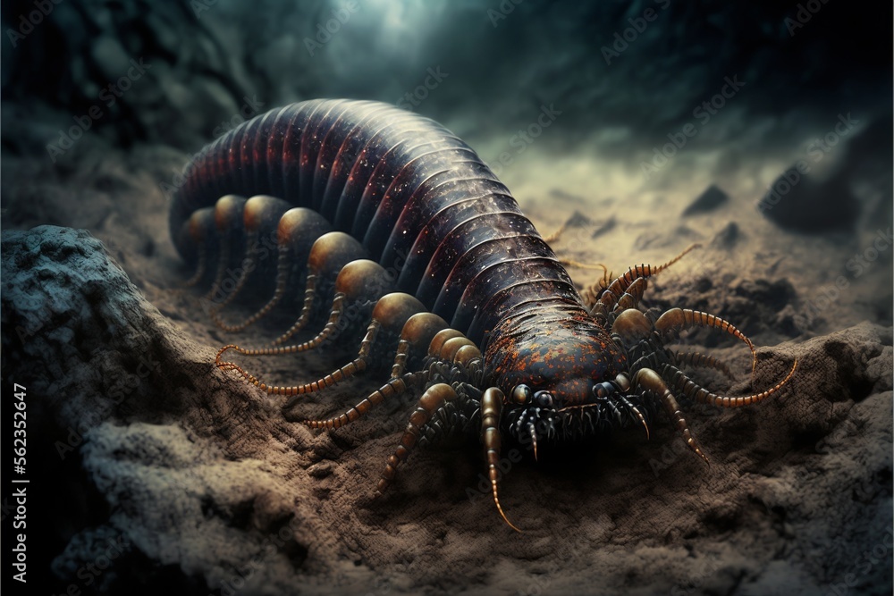 Giant centipede insect crawling in red rocky desert surface of a cavern ...