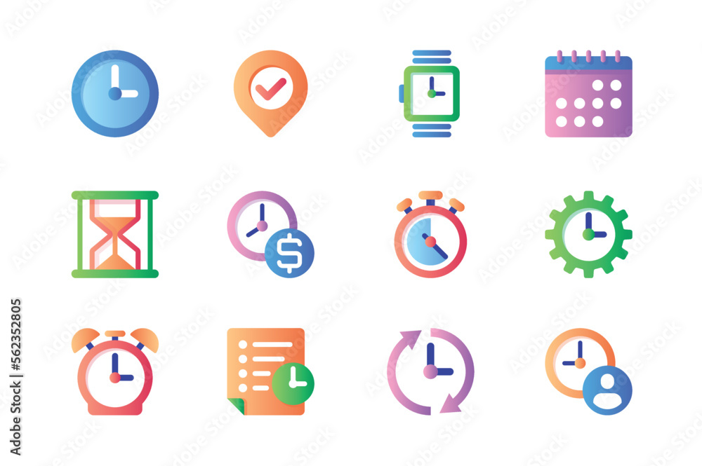 Vetor de Time management icons set in color flat design. Pack of clock ...