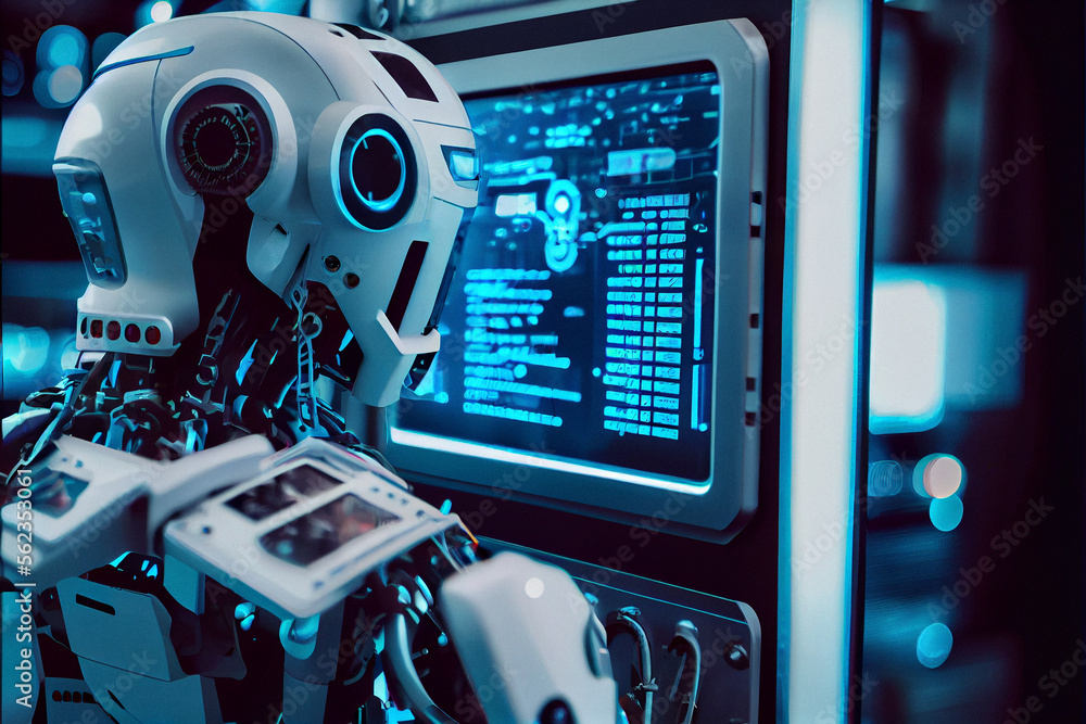 Futuristic scene - anthropomorphic robot interacting with a modern ...