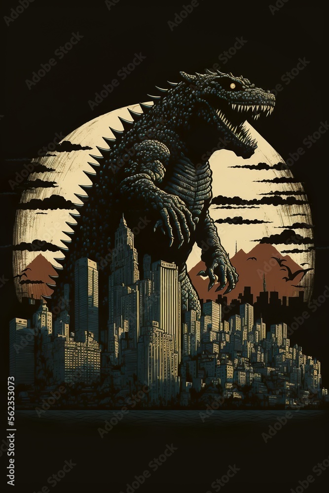 Retro style giant monster movie poster design with kaiju rampage in the ...