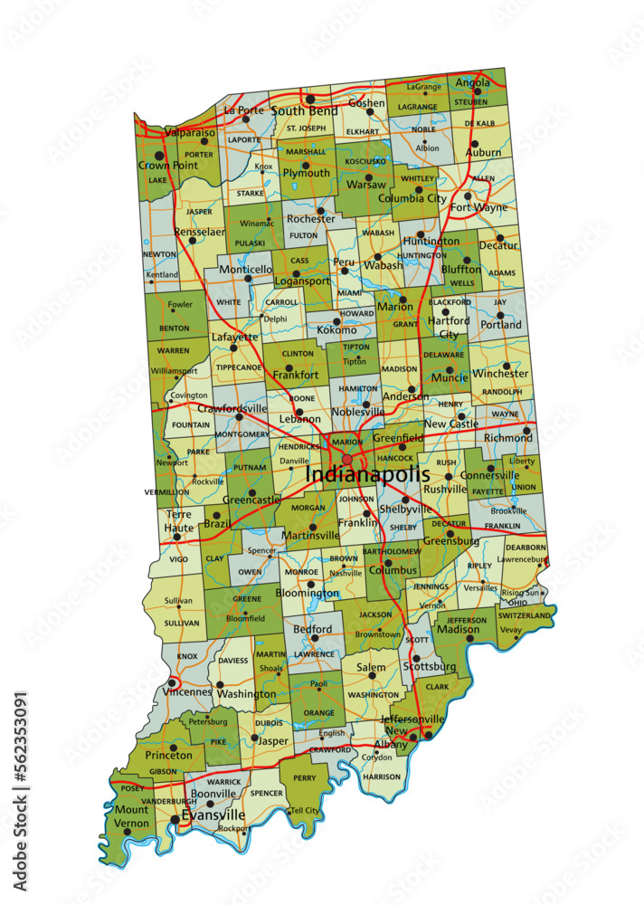 Highly detailed editable political map with separated layers. Indiana ...