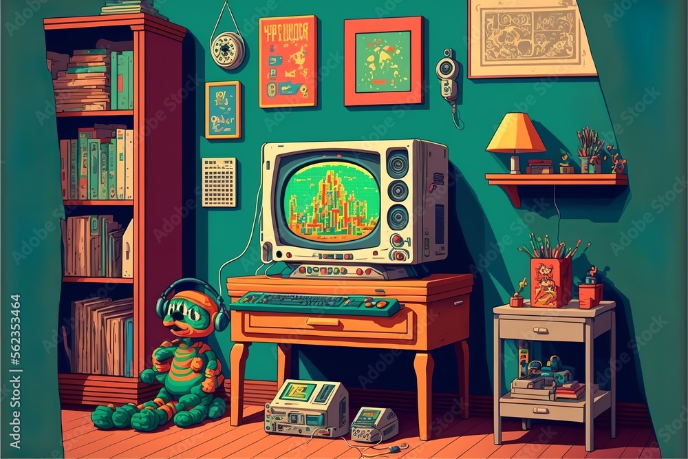 Retro kid's room interior with vintage devices and pop culture posters ...