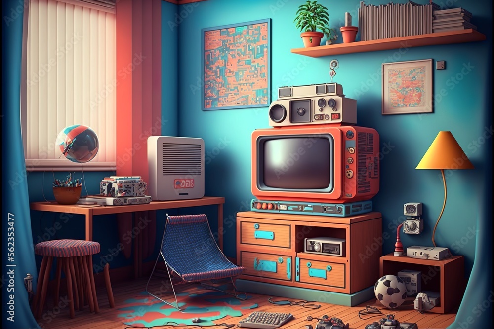 Retro kid's room interior with vintage devices and pop culture posters ...