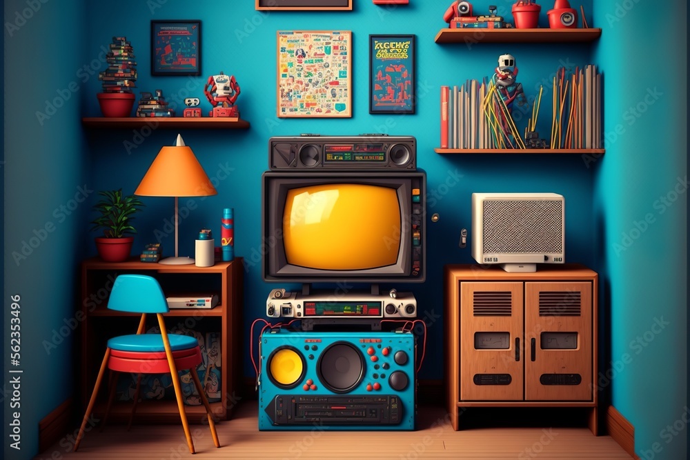 Retro kid's room interior with vintage devices and pop culture posters ...