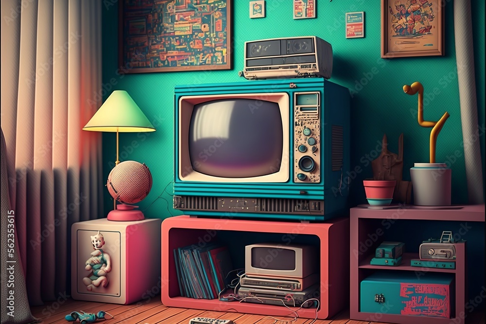 Retro kid's room interior with vintage devices and pop culture posters ...